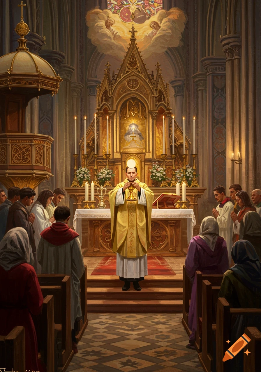 Digital painting of a Catholic priest performing mass in a detailed ...