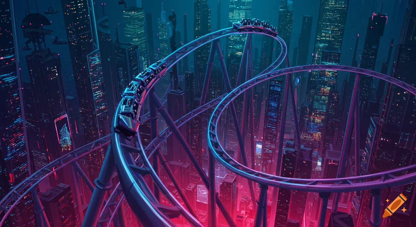 A roller coaster track twists through a neon-lit futuristic city at ...