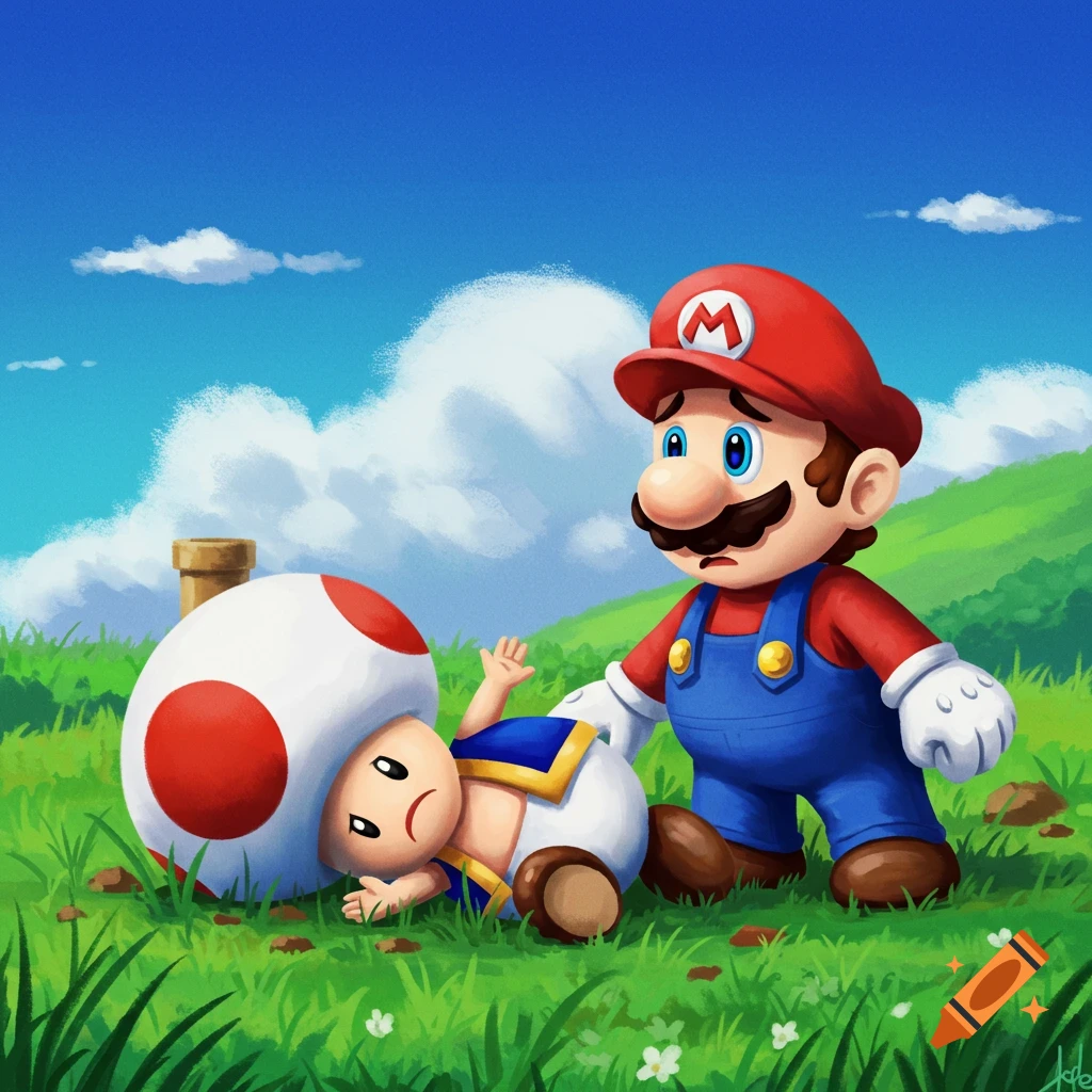 Illustration of Mario looking concerned at a sad Toad lying on the ...