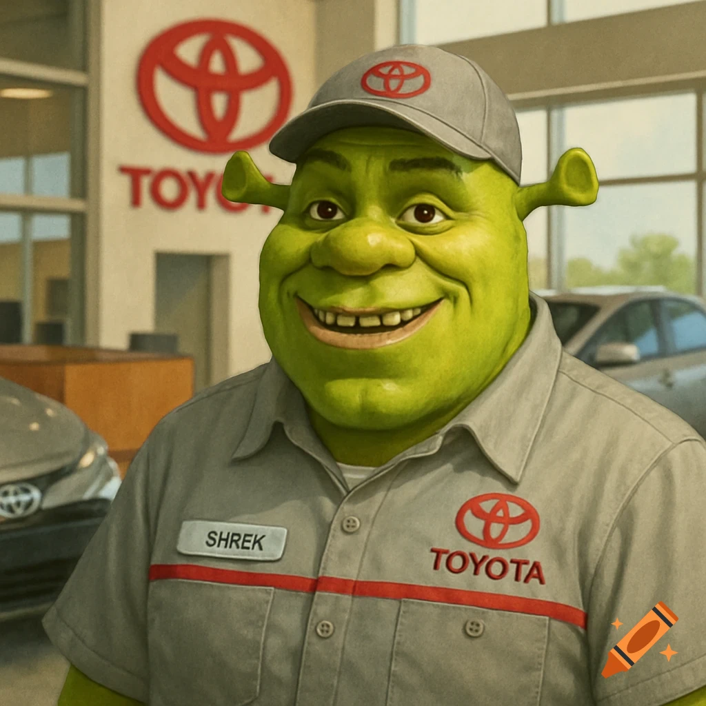 Realistic depiction of Shrek smiling, wearing a Toyota uniform and ...