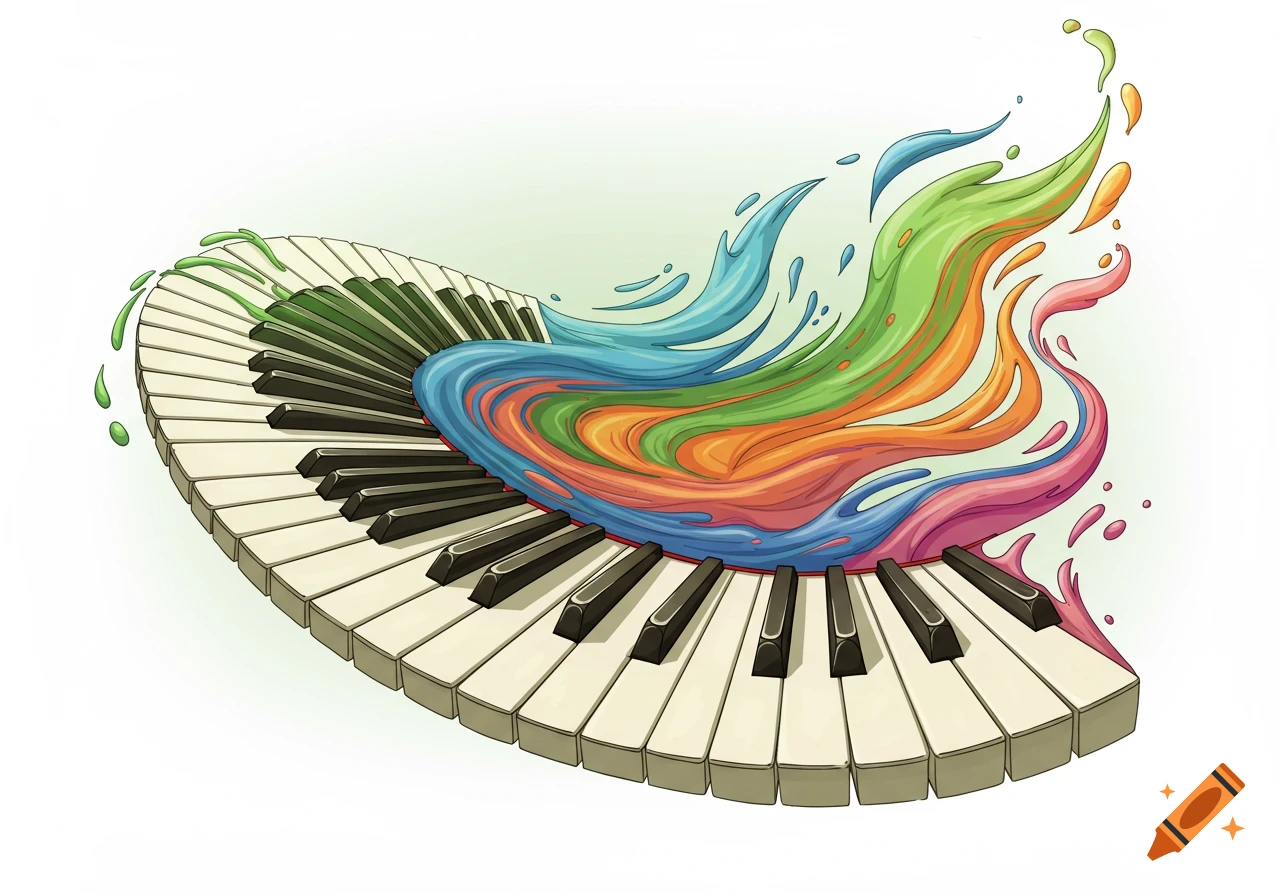 Illustration of a piano keyboard with colorful liquid flowing from the ...