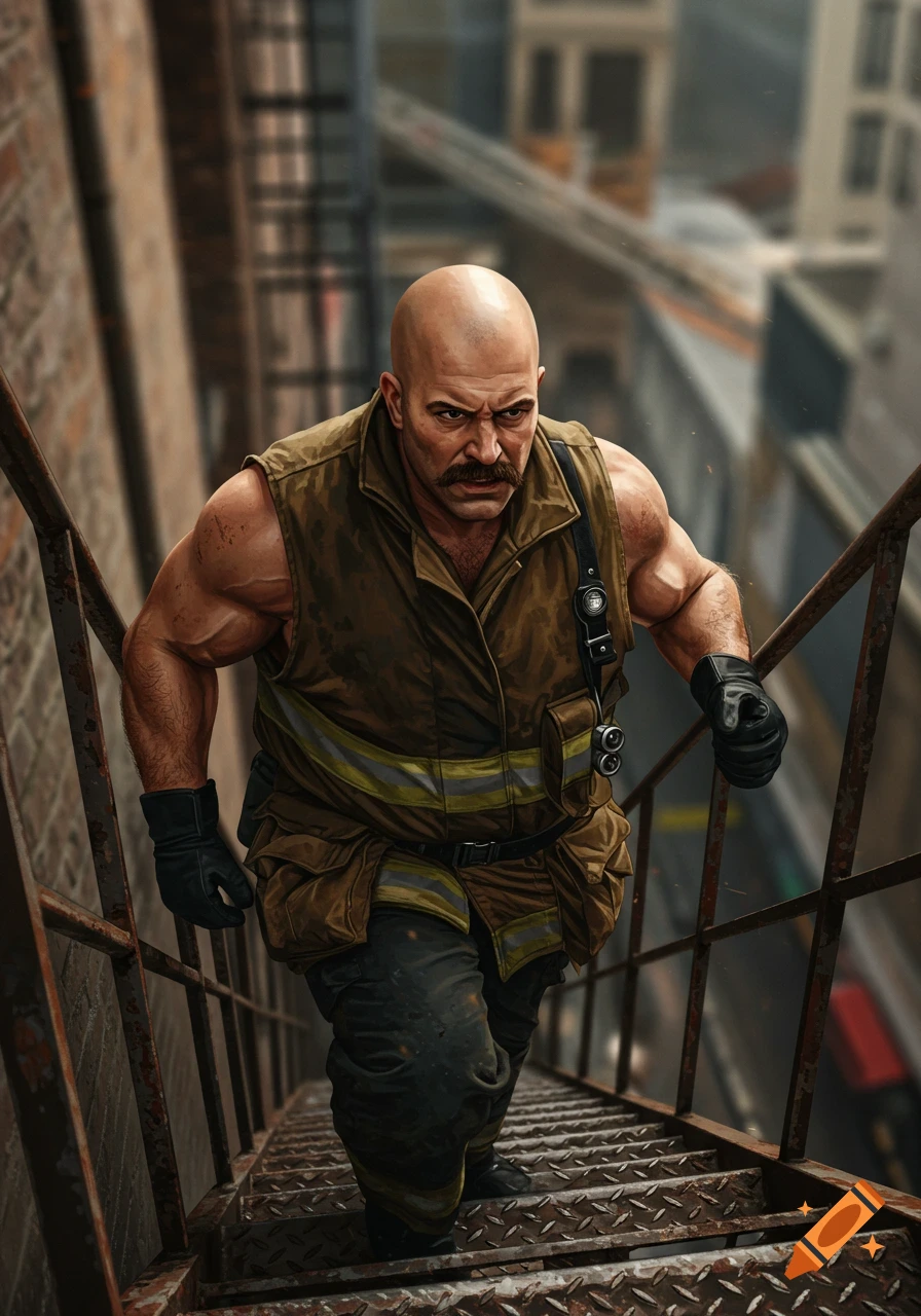 A bald man in firefighter gear with a mustache climbs a fire escape in ...