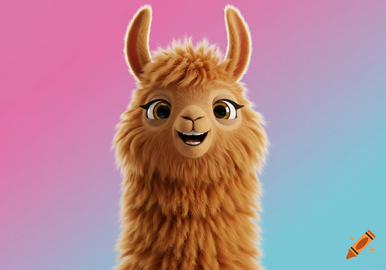 A 3D animation close-up of a happy, fluffy brown llama. on Craiyon