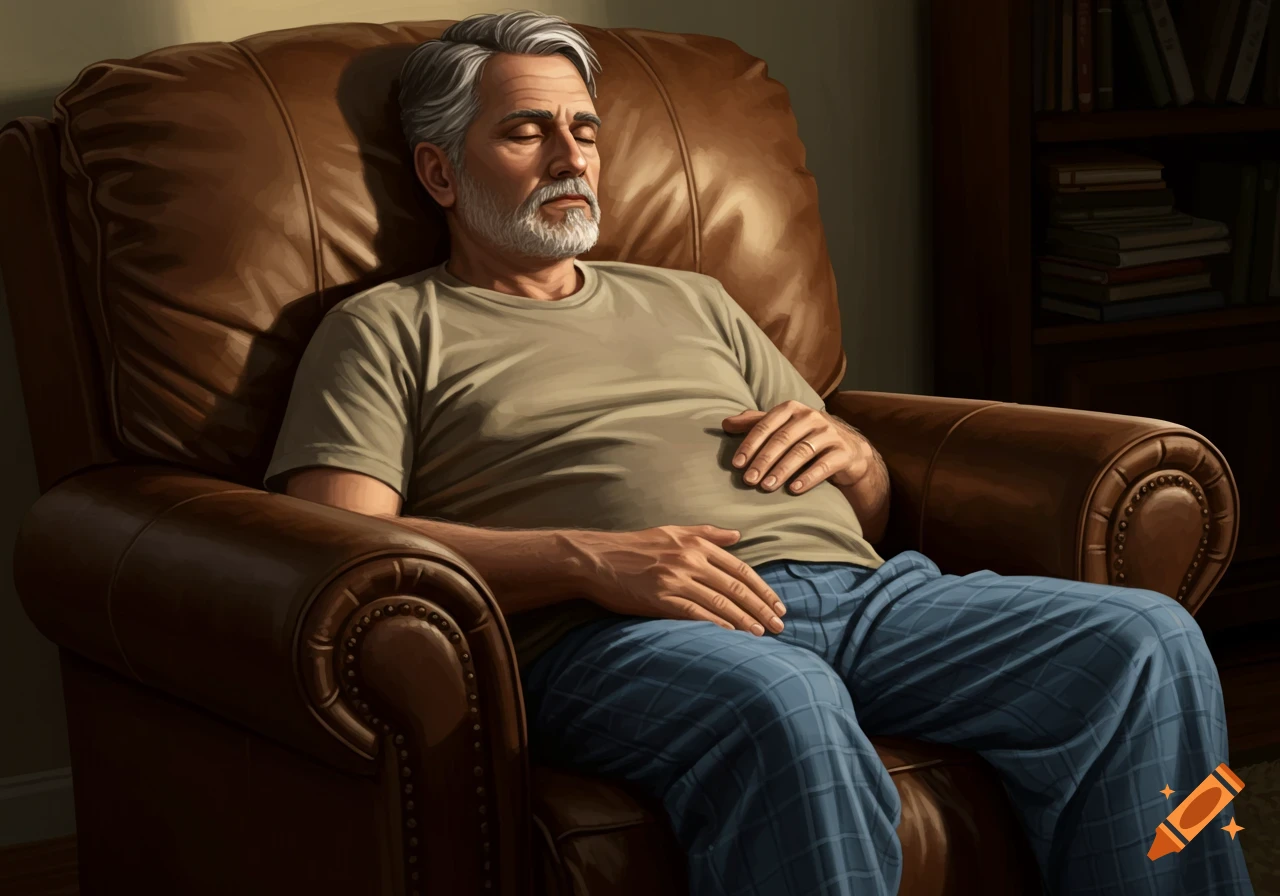 A man sleeping in a brown leather recliner chair. on Craiyon