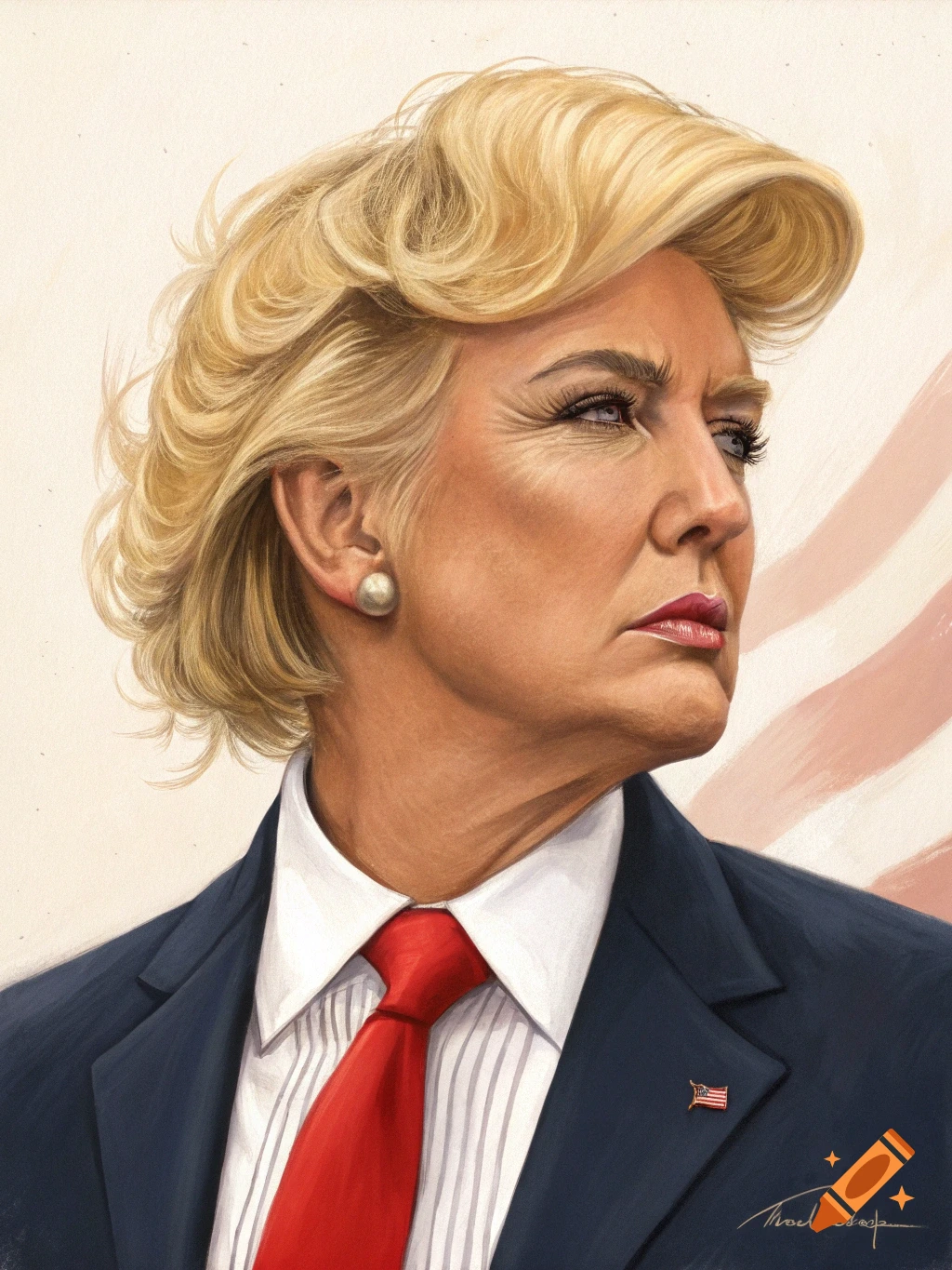 Painting of a feminized Donald Trump in a suit and tie on Craiyon