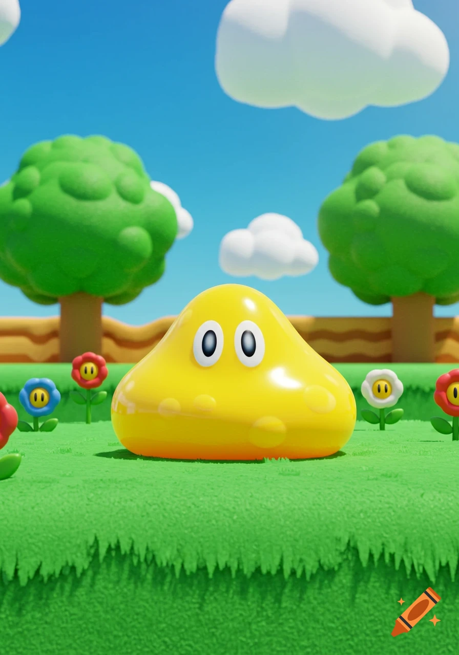 A yellow slime monster in a bright, stylized field with trees and ...