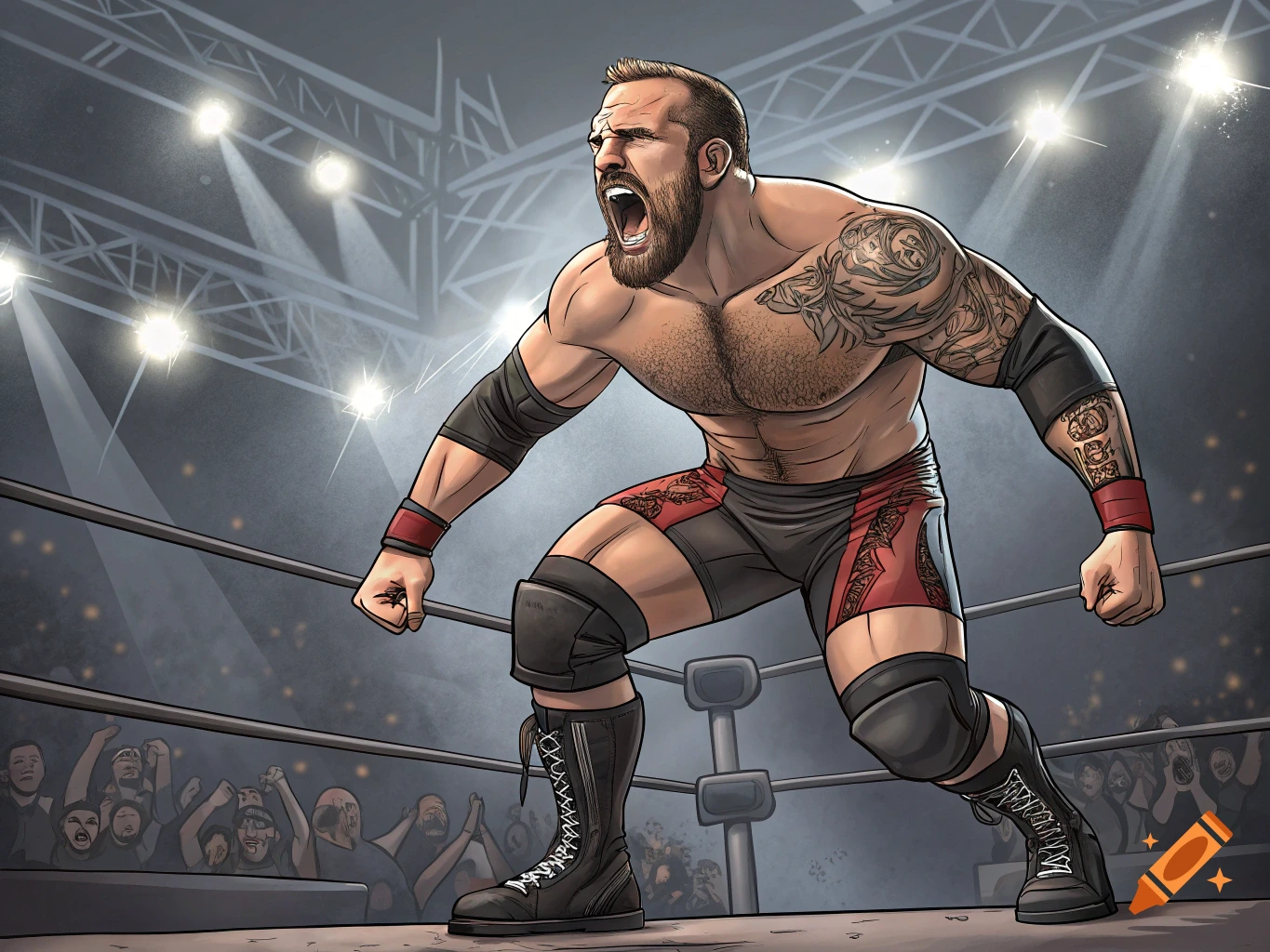 Stylized illustration of a male pro wrestler in a ring, shouting with ...