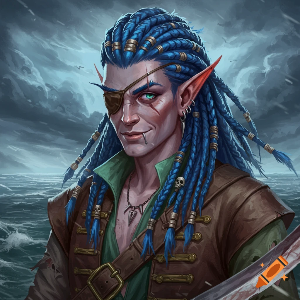 Portrait of an elf pirate with blue braided hair, an eyepatch, and a ...