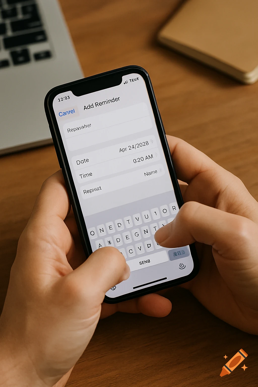 Close-up photo of hands holding a phone displaying an add reminder ...