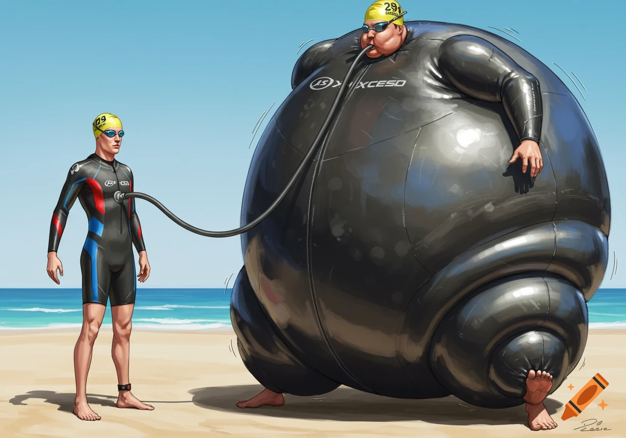 Illustration of a skinny man inflating another man in a wetsuit who is ...