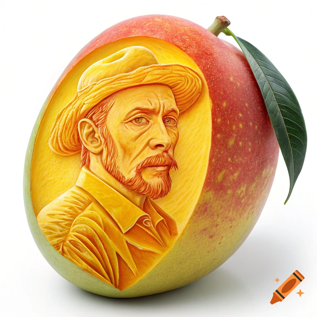 A mango carved into a detailed portrait of a man in a hat. on Craiyon