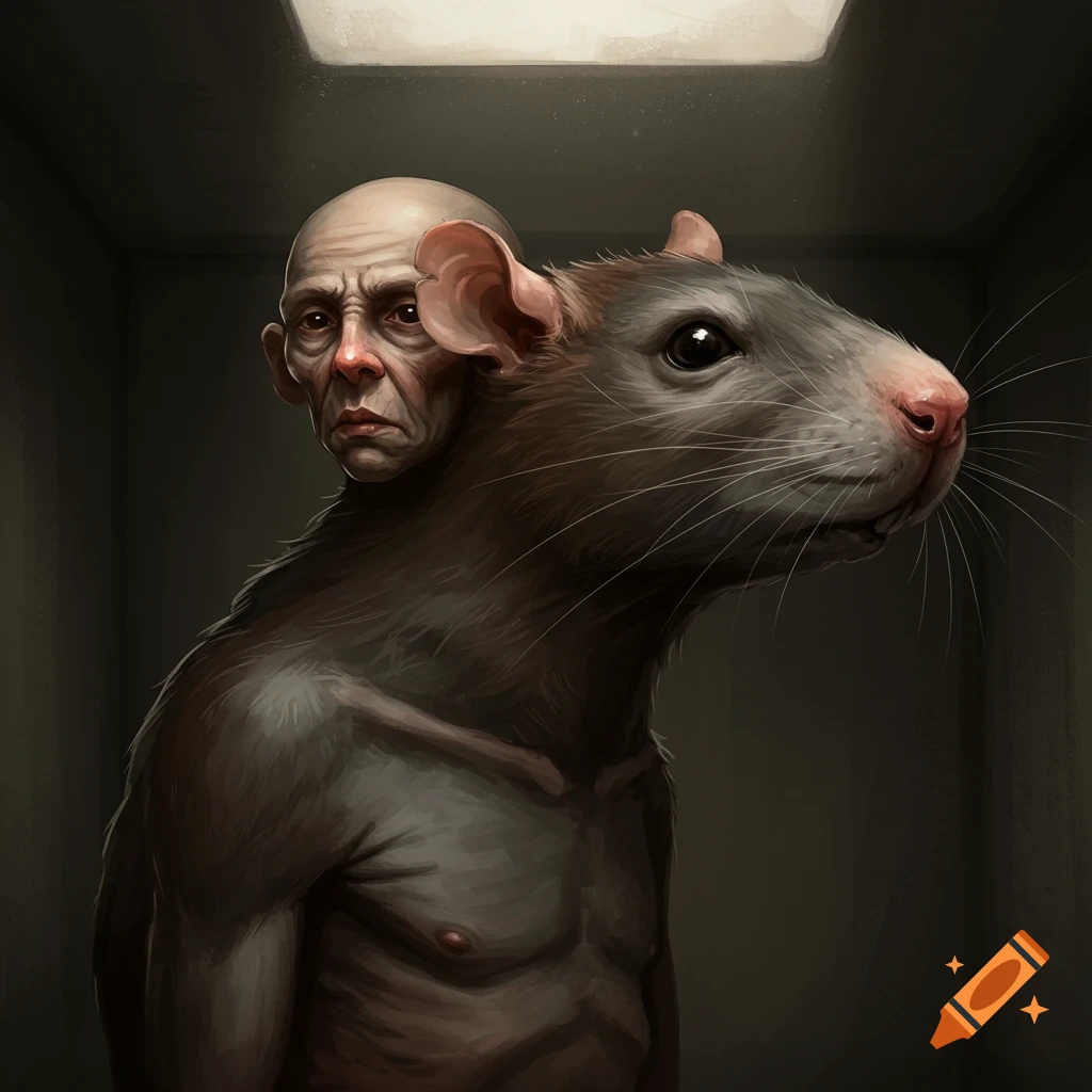 Hybrid creature with a rat head and human body in a dark room, digital ...