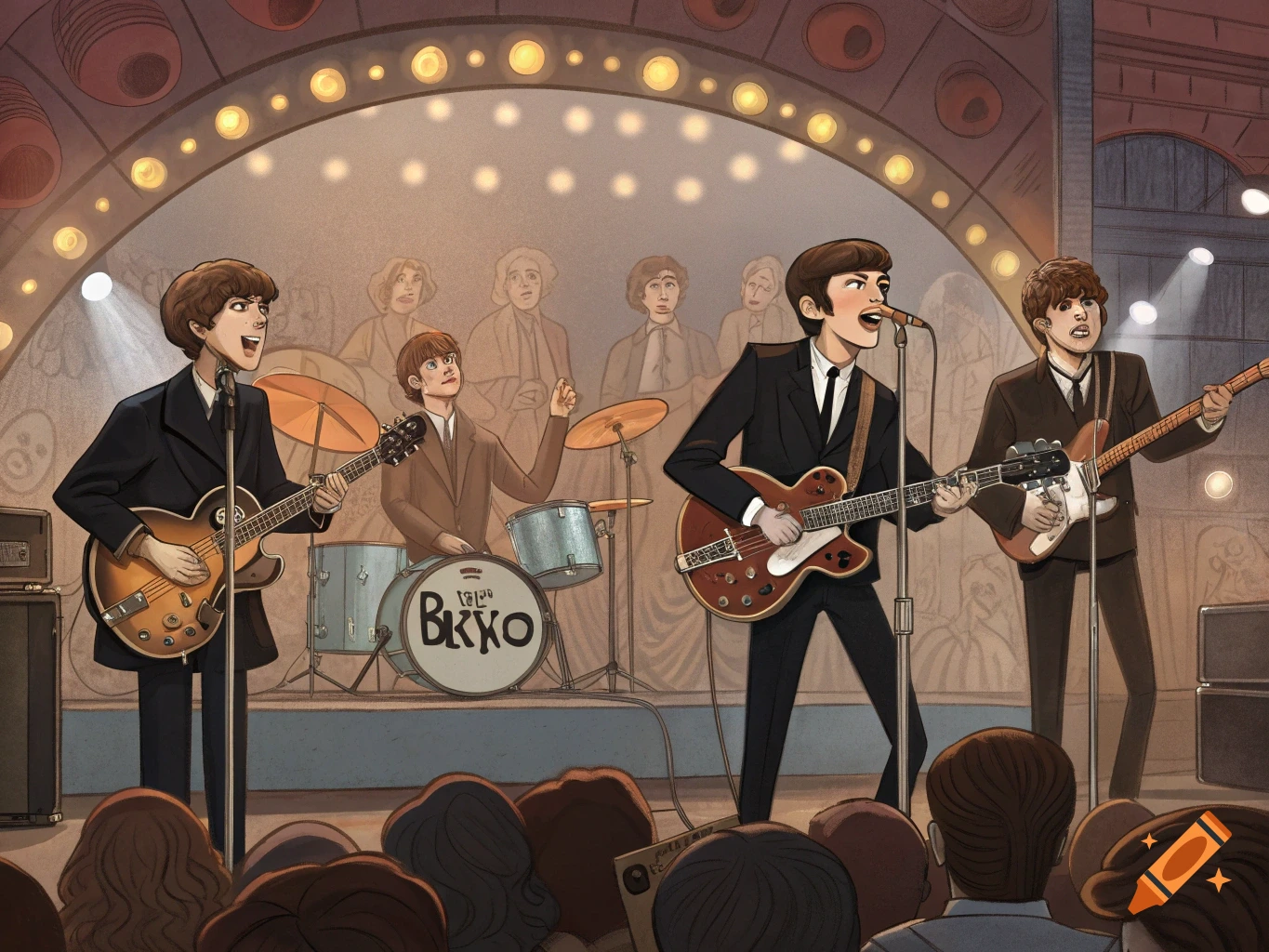 Animated band playing music on stage to a crowd in the 1960s style. on ...