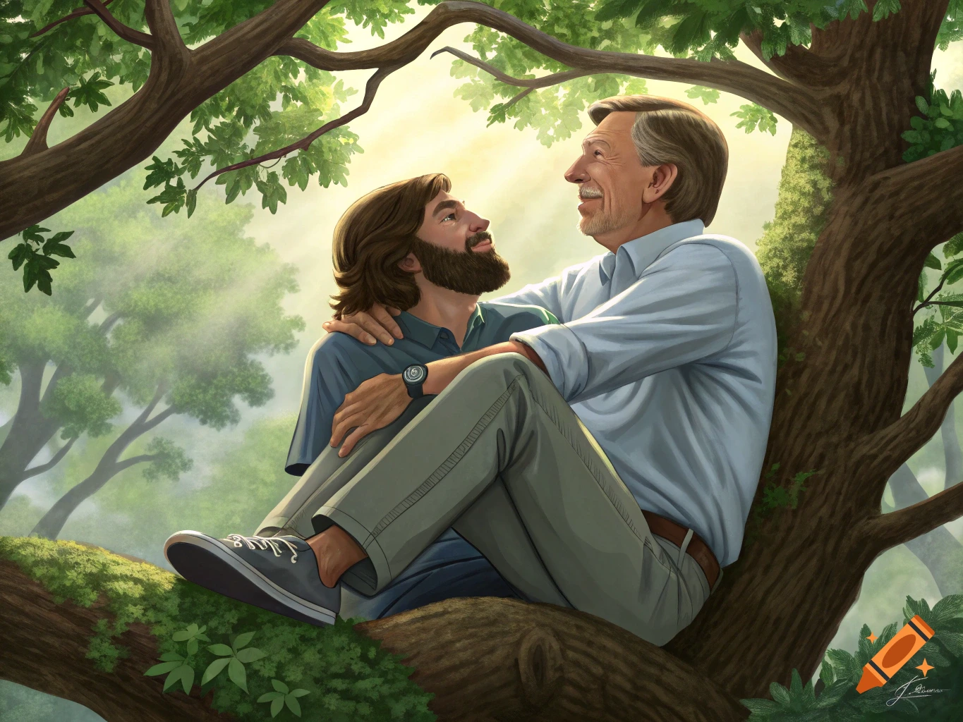 Two men sitting in a tree, hugging, in a detailed illustration. on Craiyon