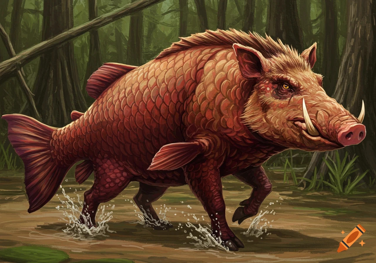 Illustration of a boar-fish hybrid creature running through a swamp. on Craiyon