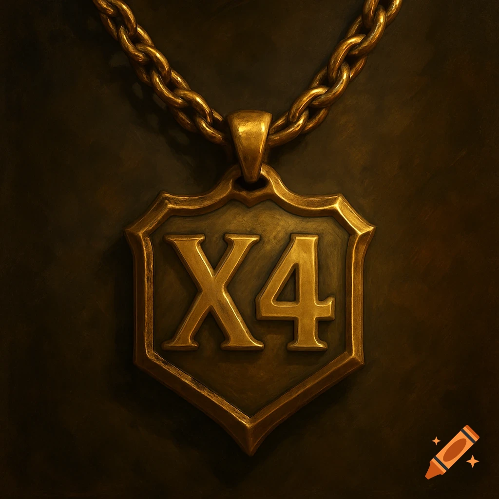 A gold necklace with an X4 shield-shaped pendant. on Craiyon