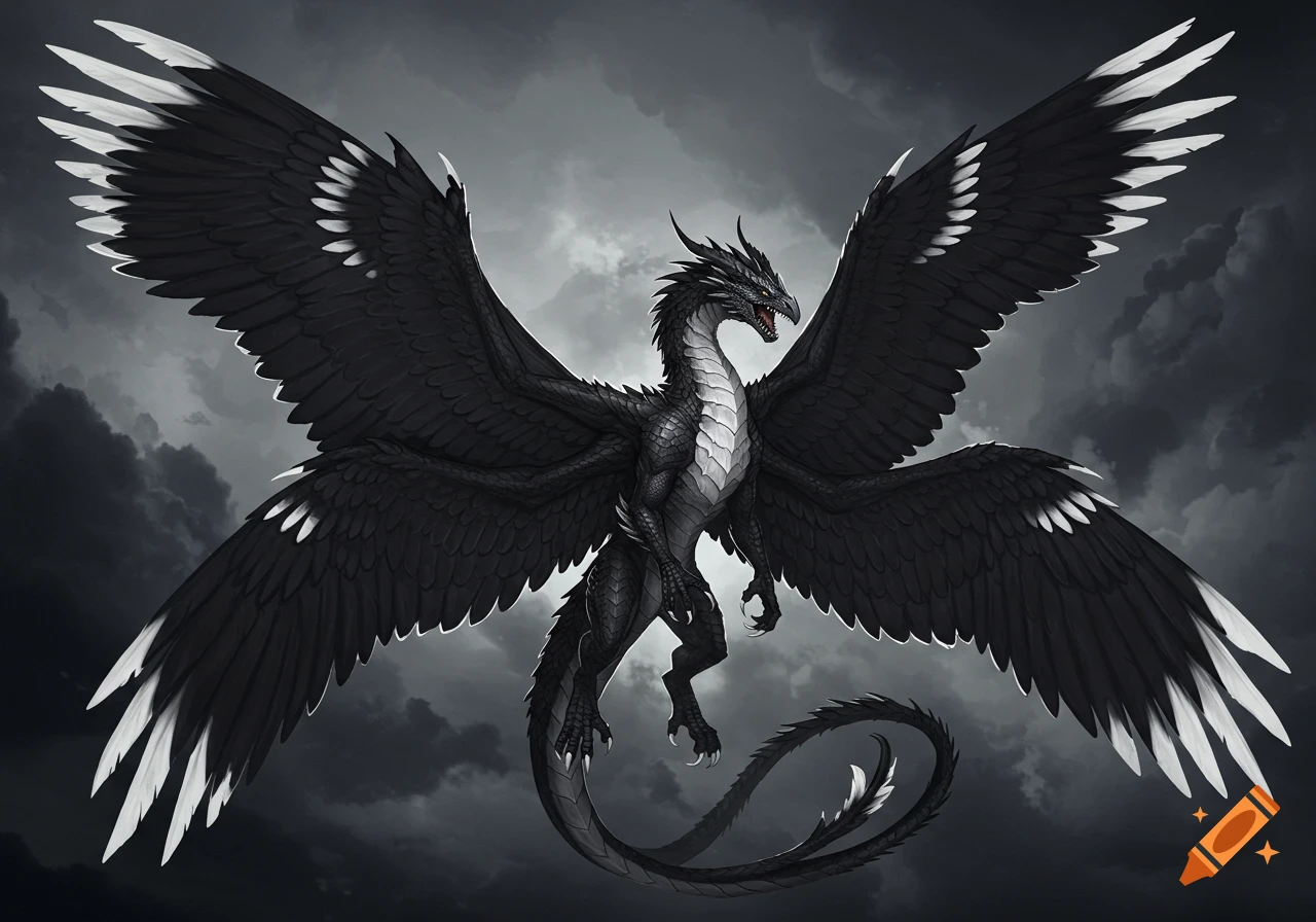 A large black dragon with four feathered wings soars against a dark ...