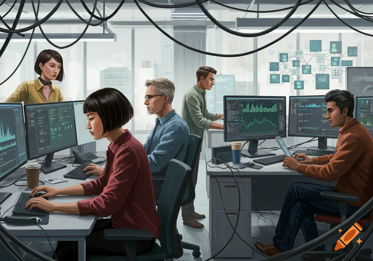 Illustrative image of an IT and Operations team working on computers in ...