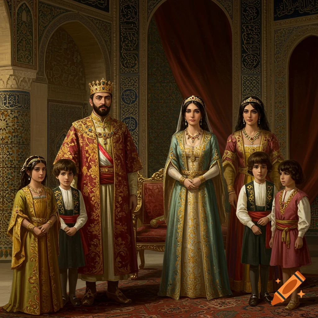 Historical portrait of a royal family in ornate traditional clothing ...