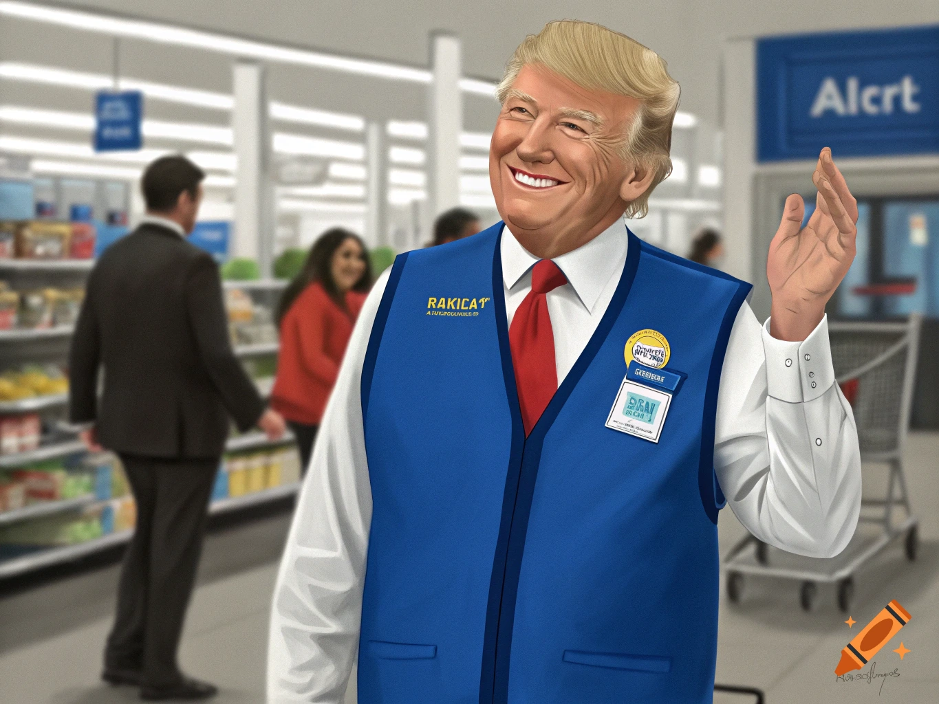 Digital painting of Donald Trump as a store greeter, smiling and waving ...