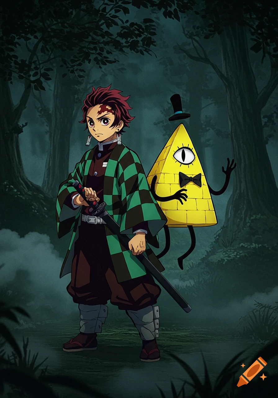 Anime character Tanjiro and Bill Cipher triangle standing in a dark ...