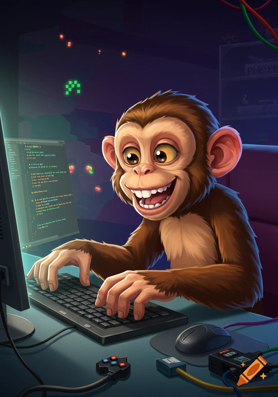 Cartoon monkey happily coding at a computer desk with gaming ...