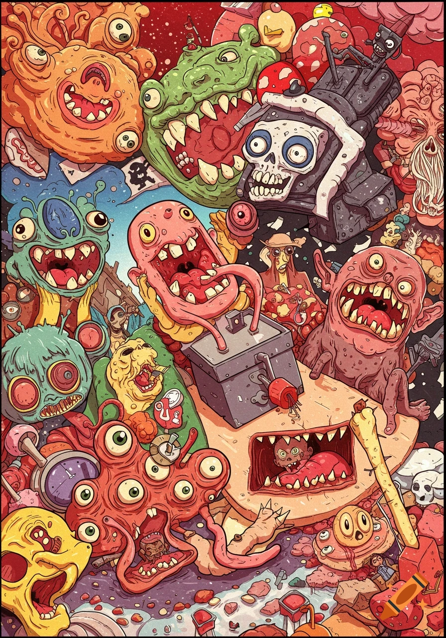 A chaotic, colorful illustration of numerous grotesque cartoon monsters ...