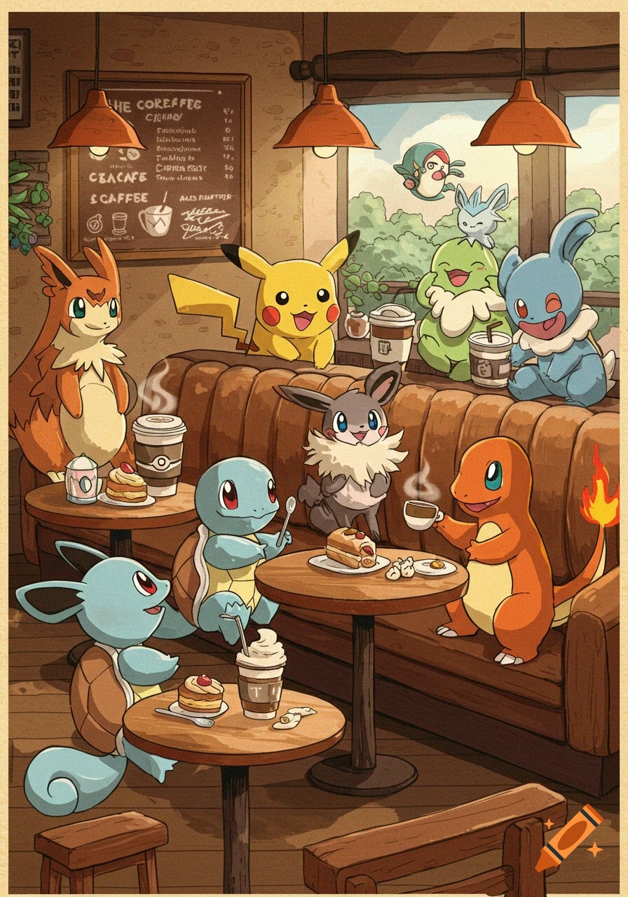 Various Pokemon characters sit at tables in a coffee shop, drinking ...