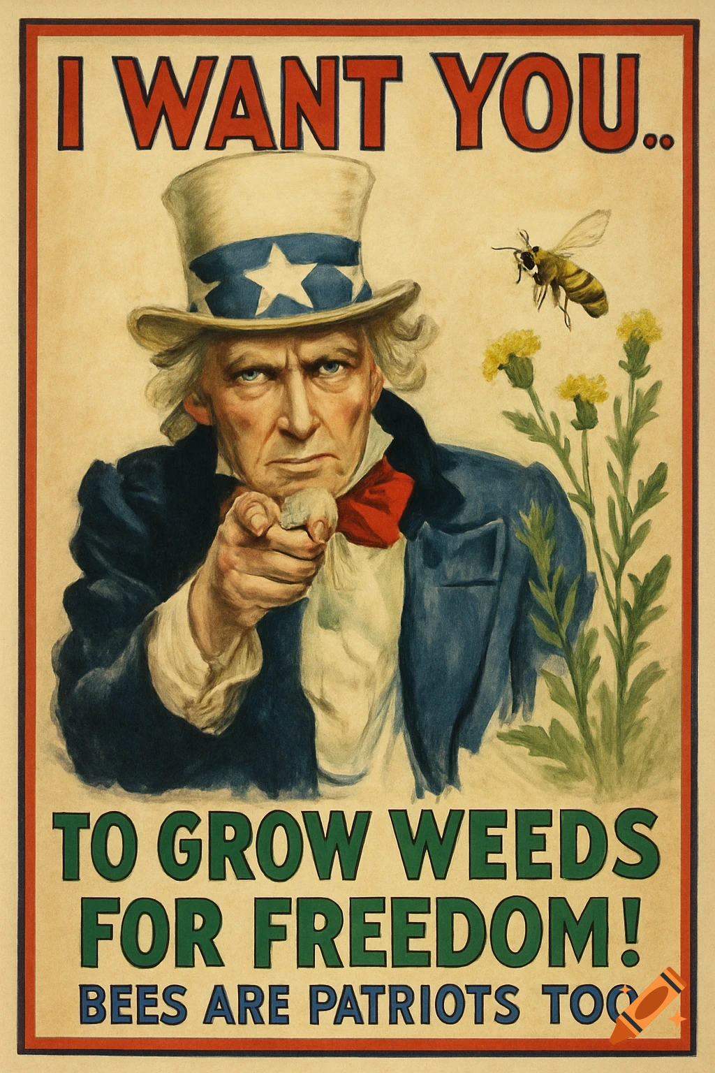 Uncle Sam pointing forward on a poster with text 'I WANT YOU... to grow ...