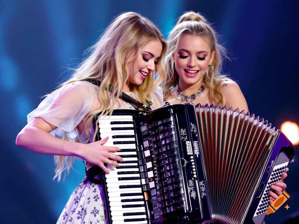 Two young women playing accordions on a stage. on Craiyon