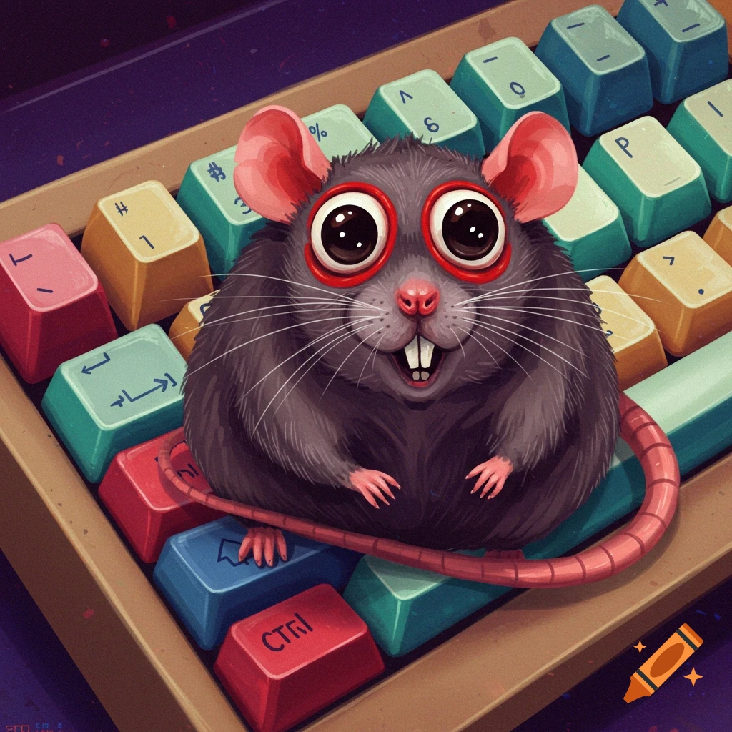 A cute cartoon rat with large eyes and a big smile sits on a colorful ...