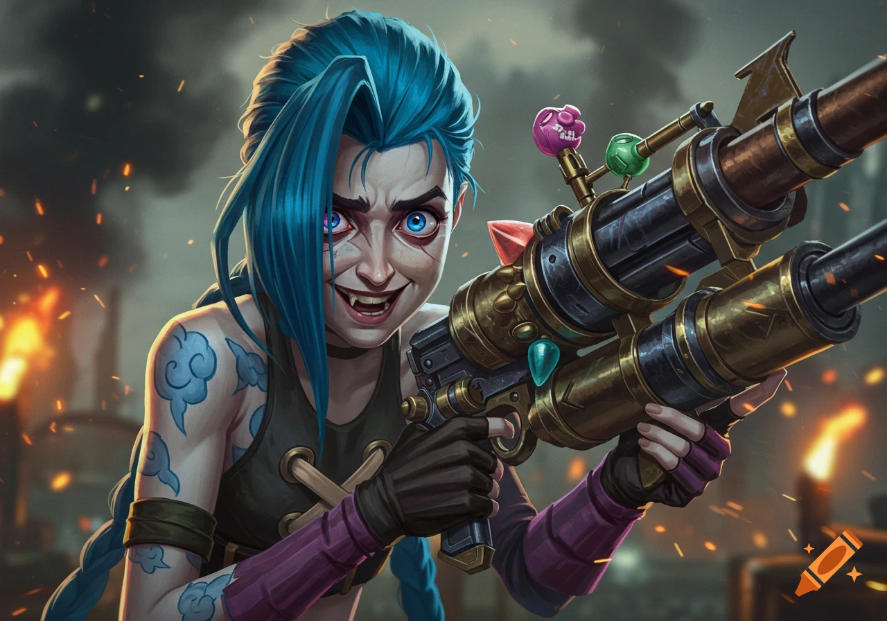 Jinx from Arcane holding her minigun, grinning intensely on Craiyon