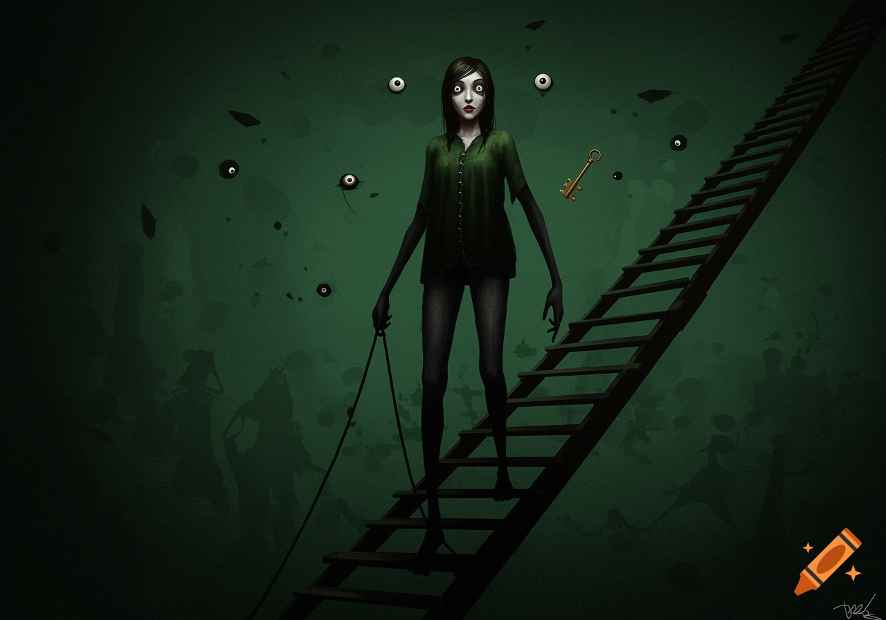 Creepy figure with long limbs on a ladder, surrounded by floating eyes ...