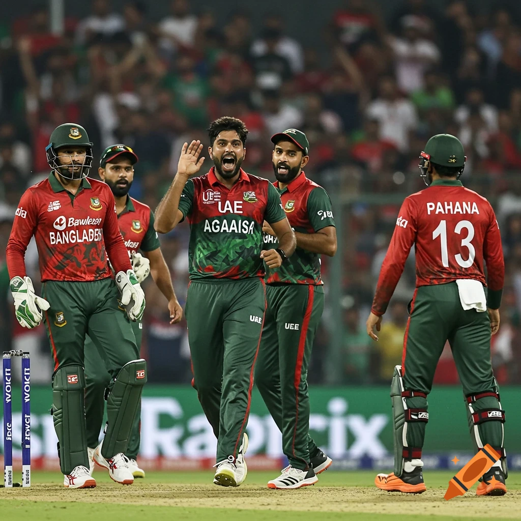 Cricket players in red and green uniforms celebrate during a match in a ...