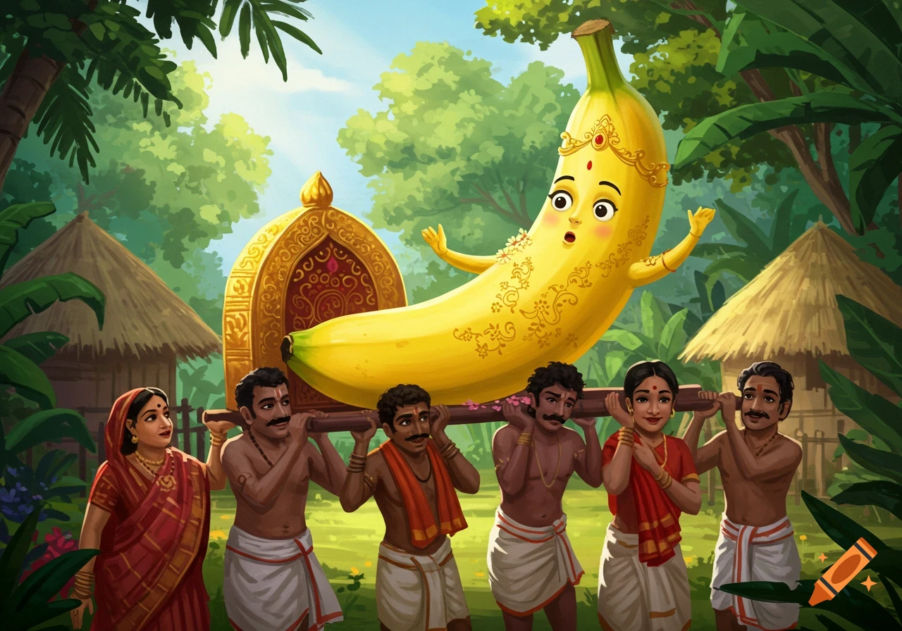 Cartoon banana character with crown carried on a palanquin by people in ...