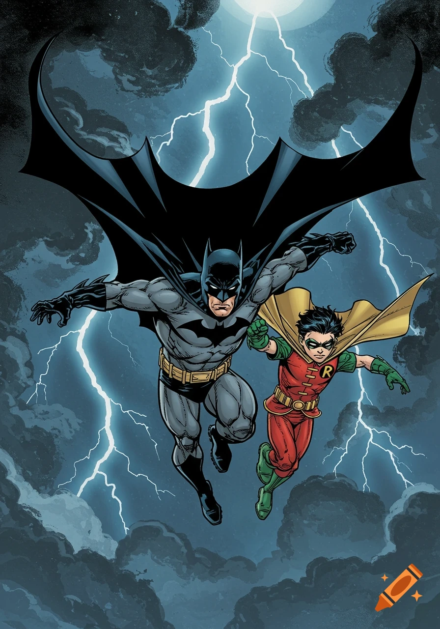 Batman and Robin fly through a stormy sky with lightning in a comic ...