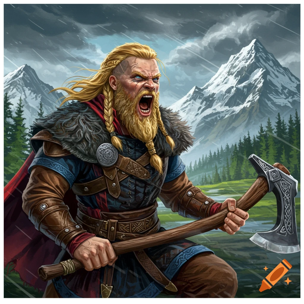 A screaming viking warrior with an axe in a mountainous, stormy ...