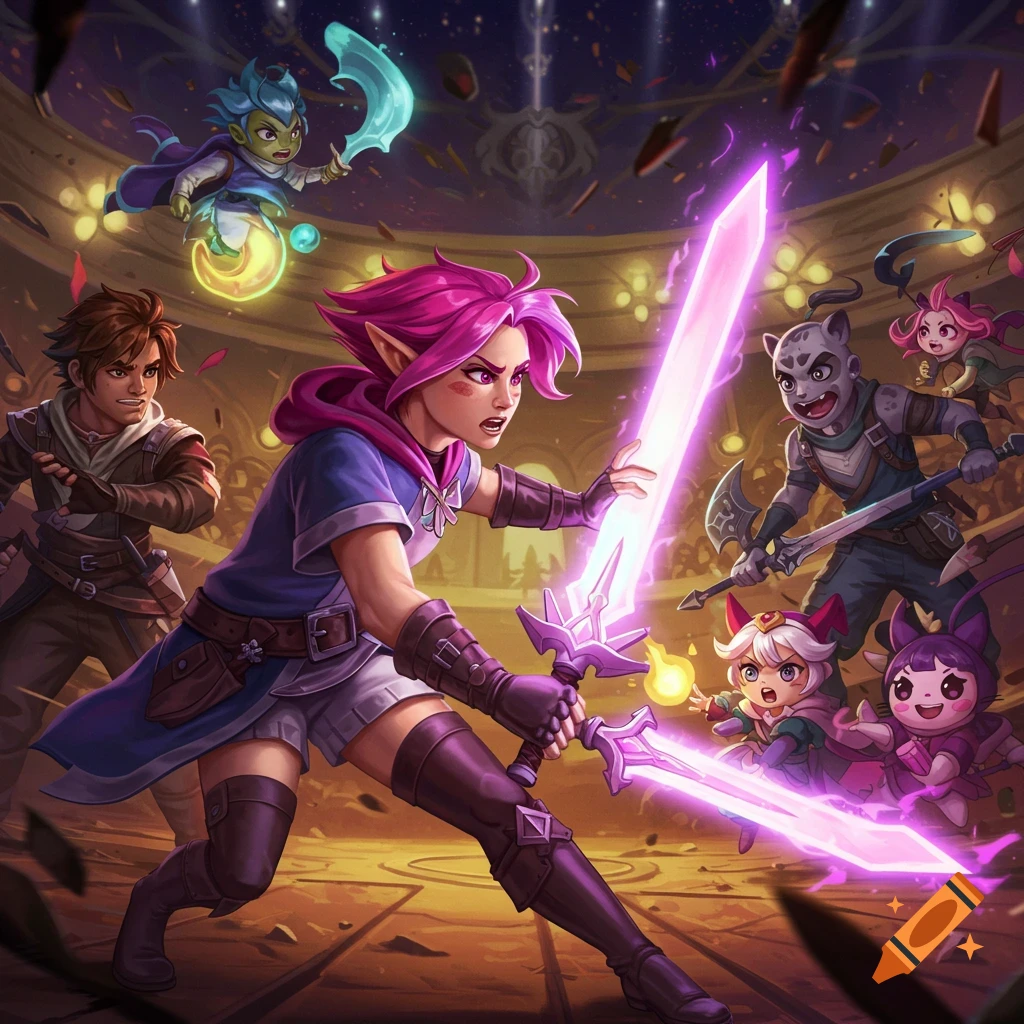 Fantasy characters, including an elf with pink hair and glowing swords ...