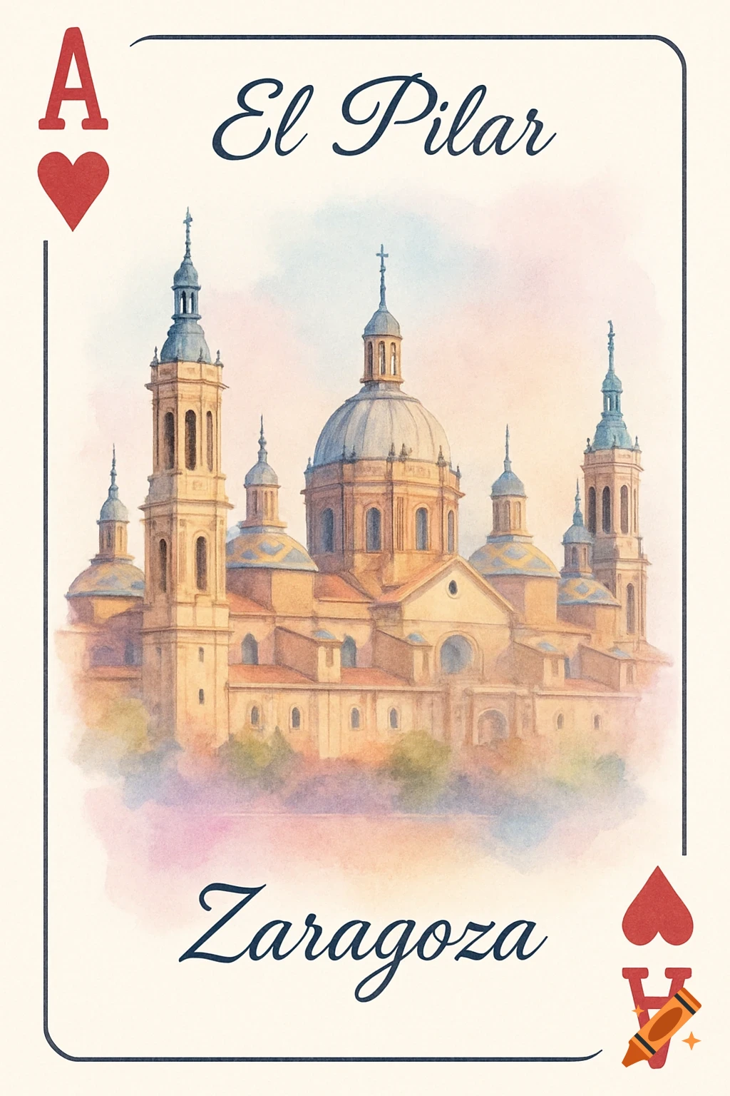 Watercolor illustration of the Basilica of Our Lady of the Pilar on an ...