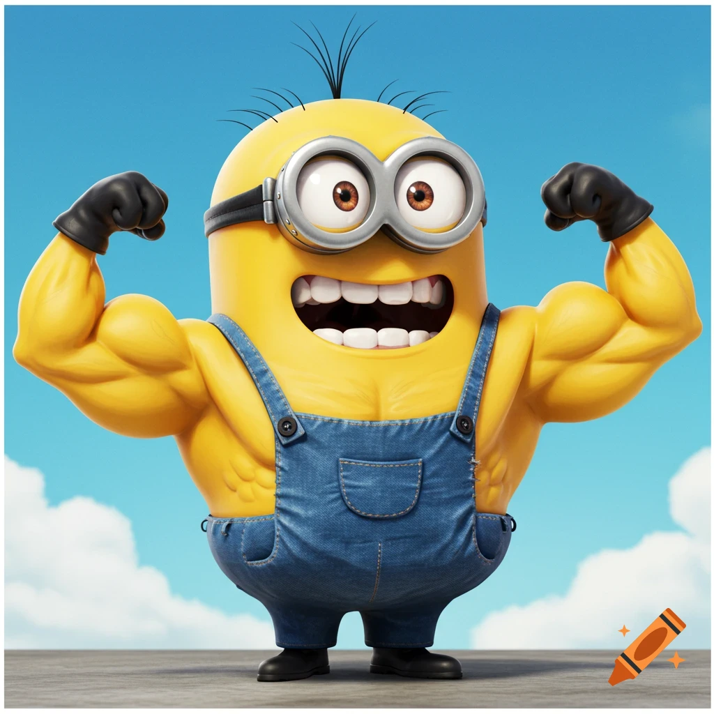 A muscular Minion flexing its biceps against a blue sky. on Craiyon