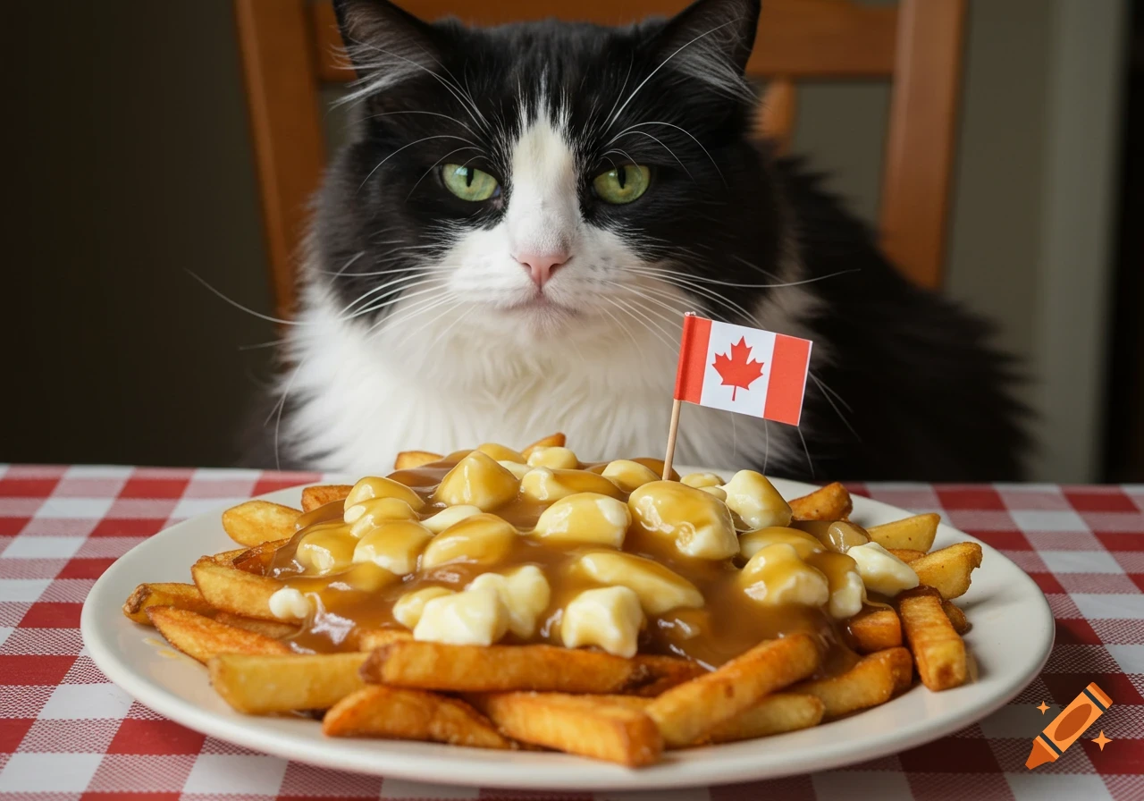 A black and white cat looks at a plate of poutine with a Canadian flag ...