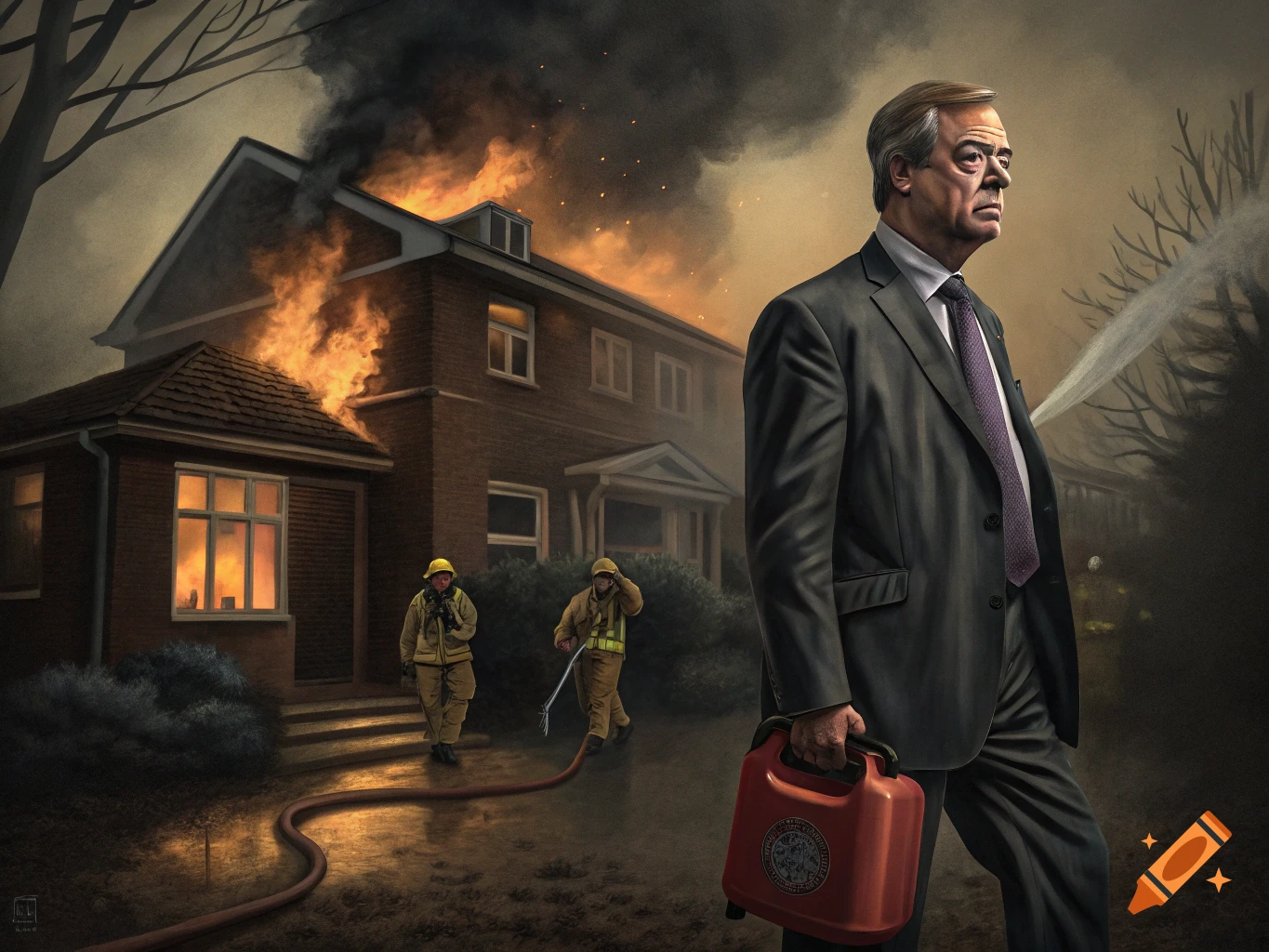 Man with gas can watching firefighters at a burning house. on Craiyon