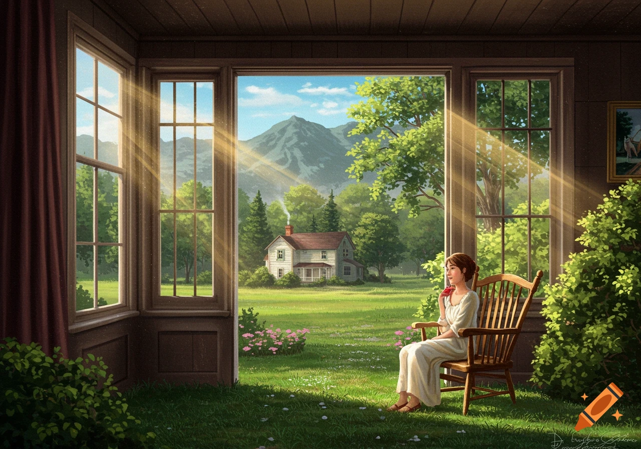 A woman sits in a chair by a large window, looking out at a sunny ...