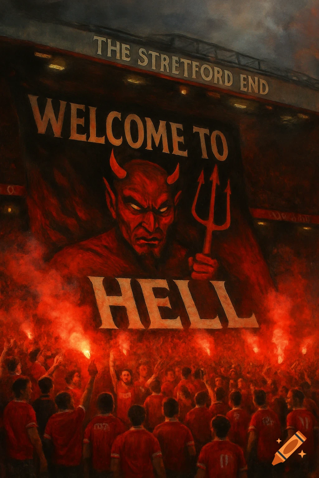 Crowd with red flares at a stadium under a banner saying 'Welcome to ...