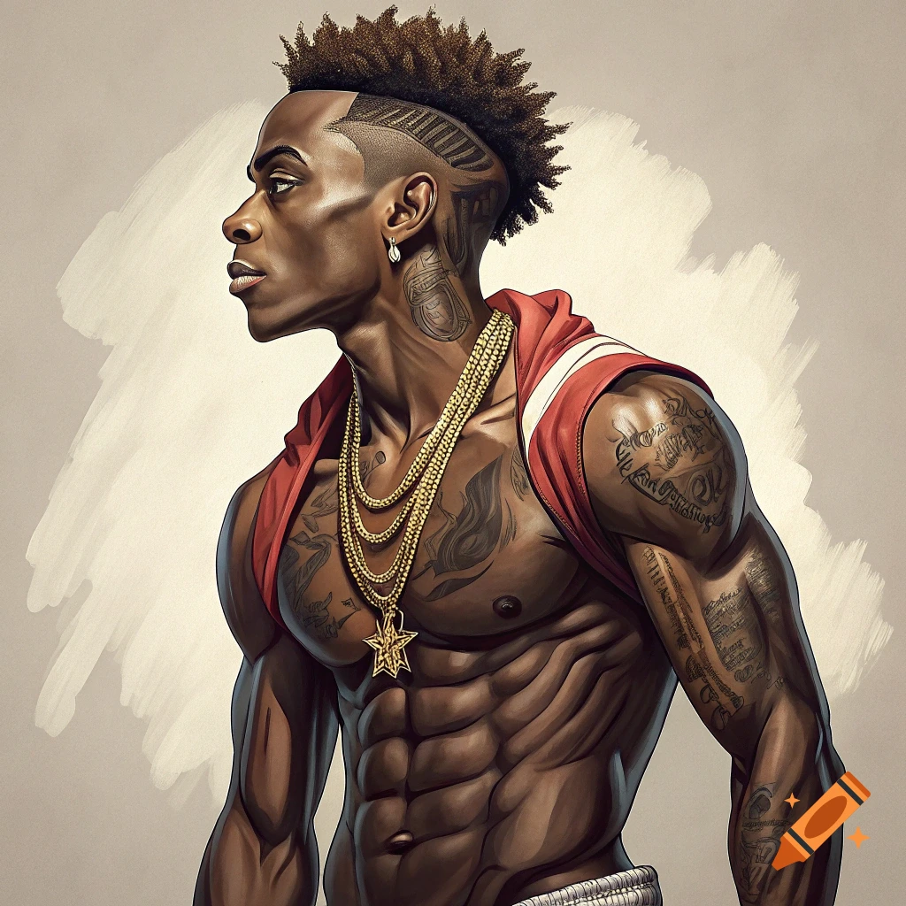 Muscular man with tattoos, gold chains, and a red hoodie looks left. on ...