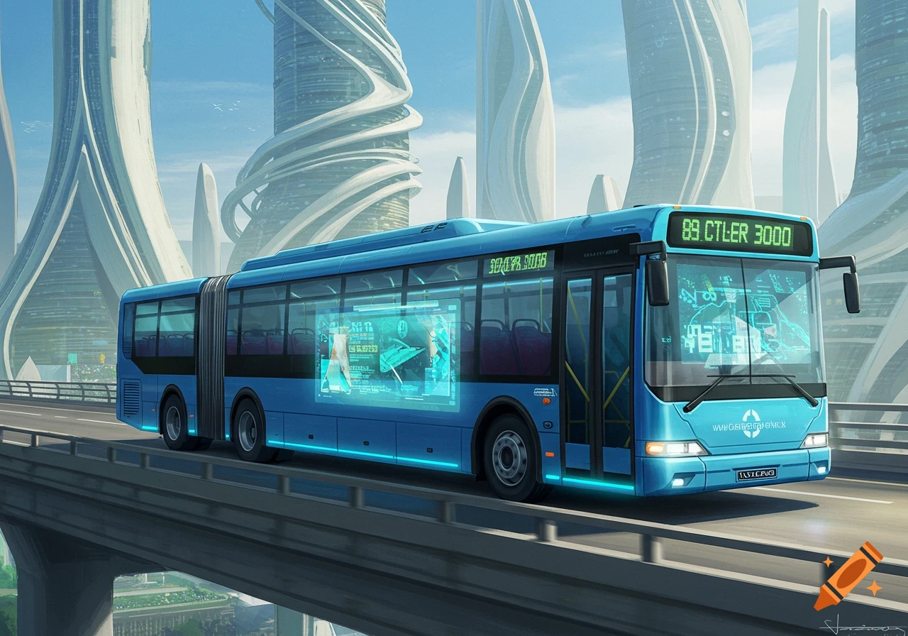 A blue futuristic articulated bus drives on a bridge in a city with ...
