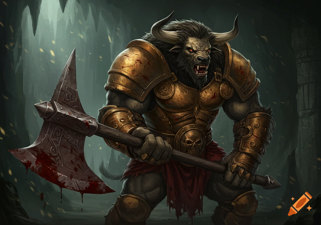 A powerful minotaur in golden armor holds a blood-covered greataxe in a ...