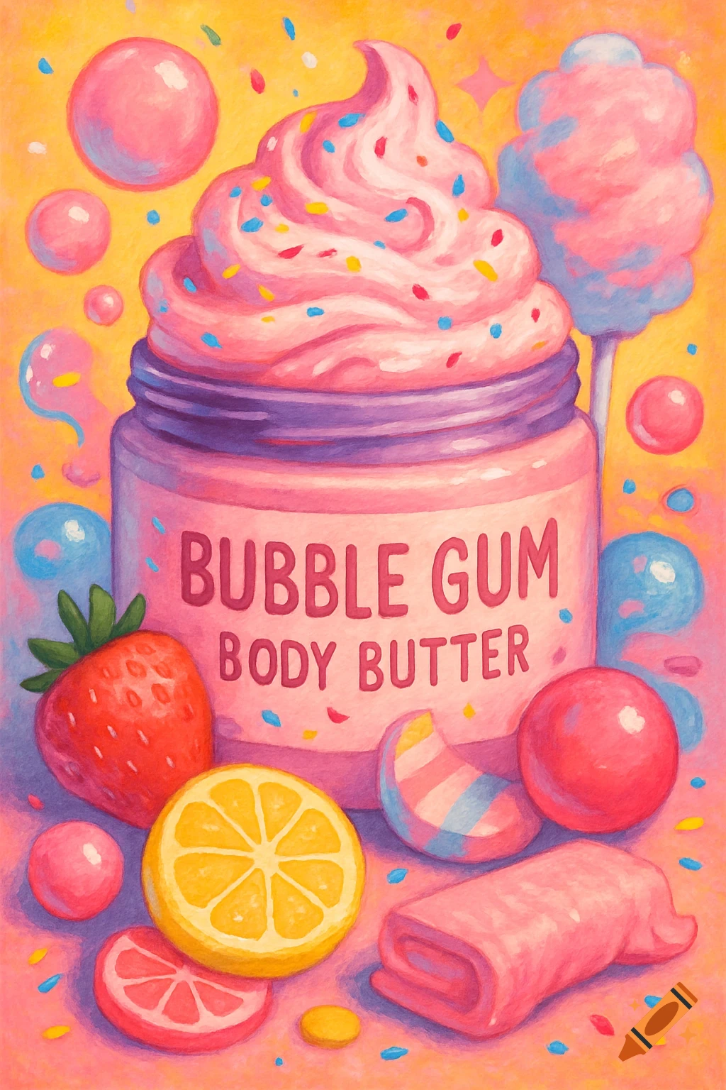 Illustration of a jar of bubble gum body butter surrounded by bubble ...
