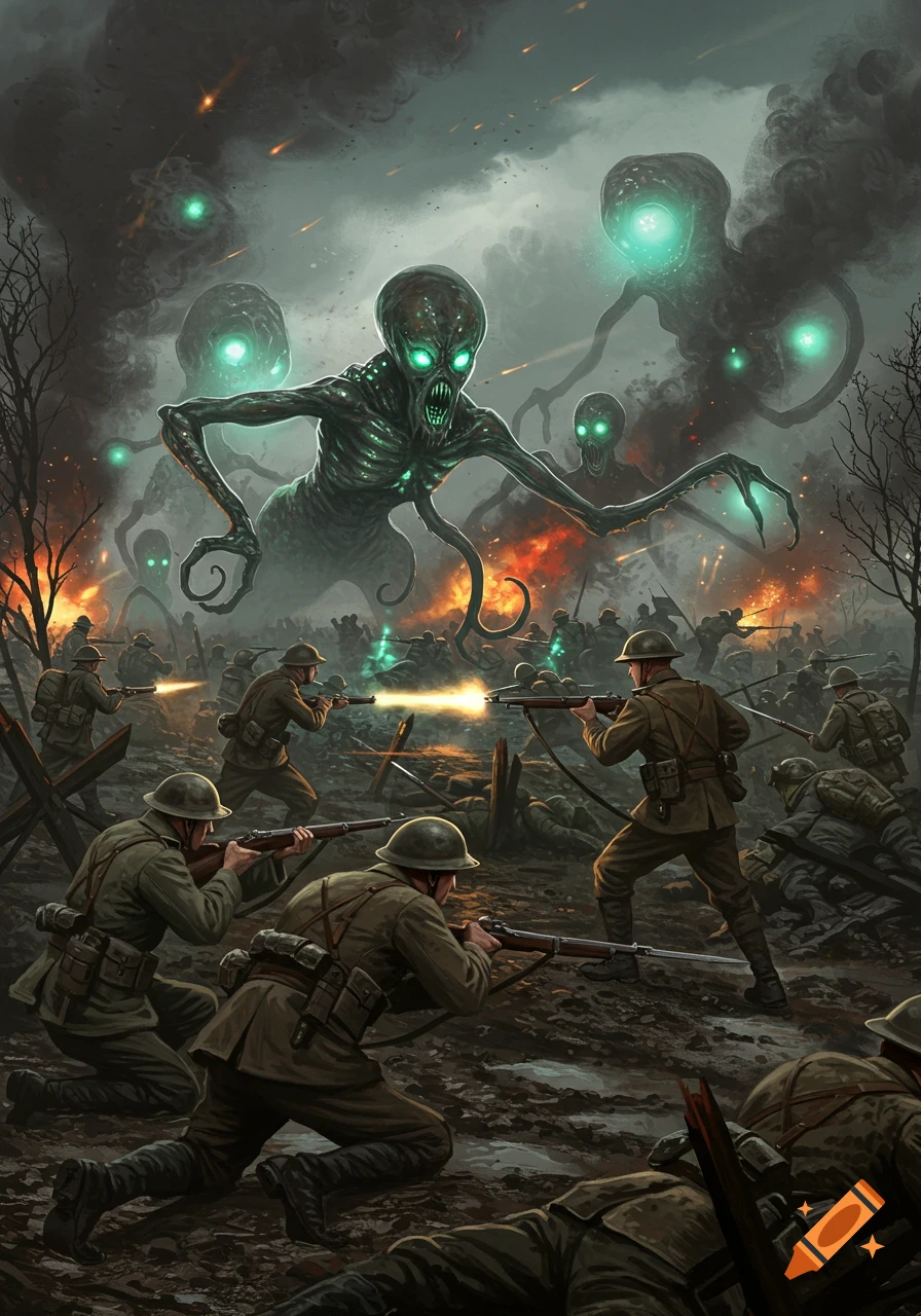 WWI soldiers battle large alien monsters with glowing eyes on a smoky ...