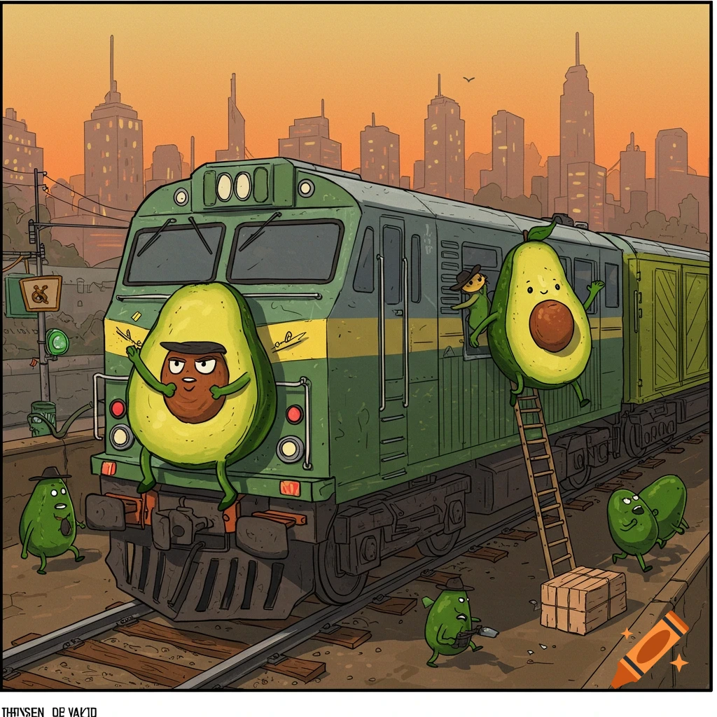 Cartoon avocados rob a train under an orange sky, with a city skyline ...